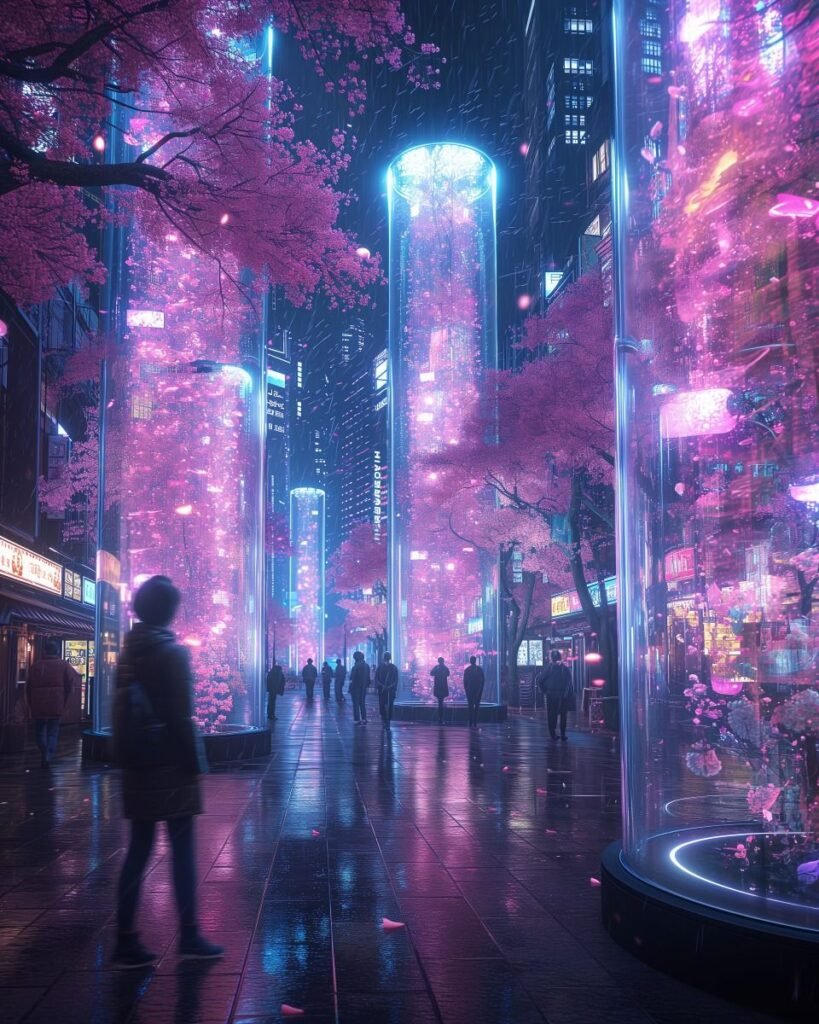 Neo Tokyo City's Neon Cherry Blossom Tree Displays - hub.thegagster.com